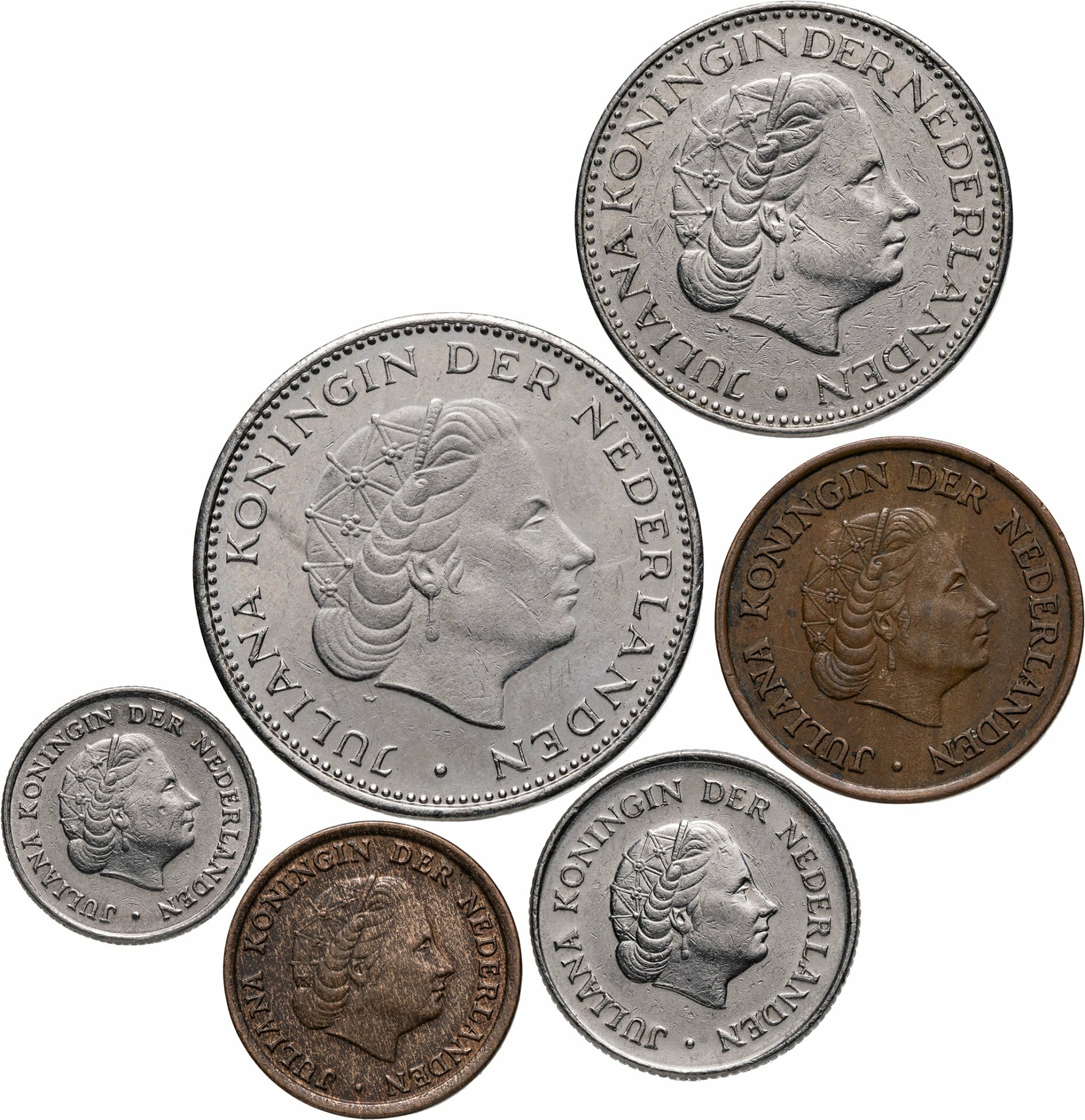 Нидерланды набор монет 1950-1980 6 штук Юлиана, Бронза, Никель, в сохранности VF-XF