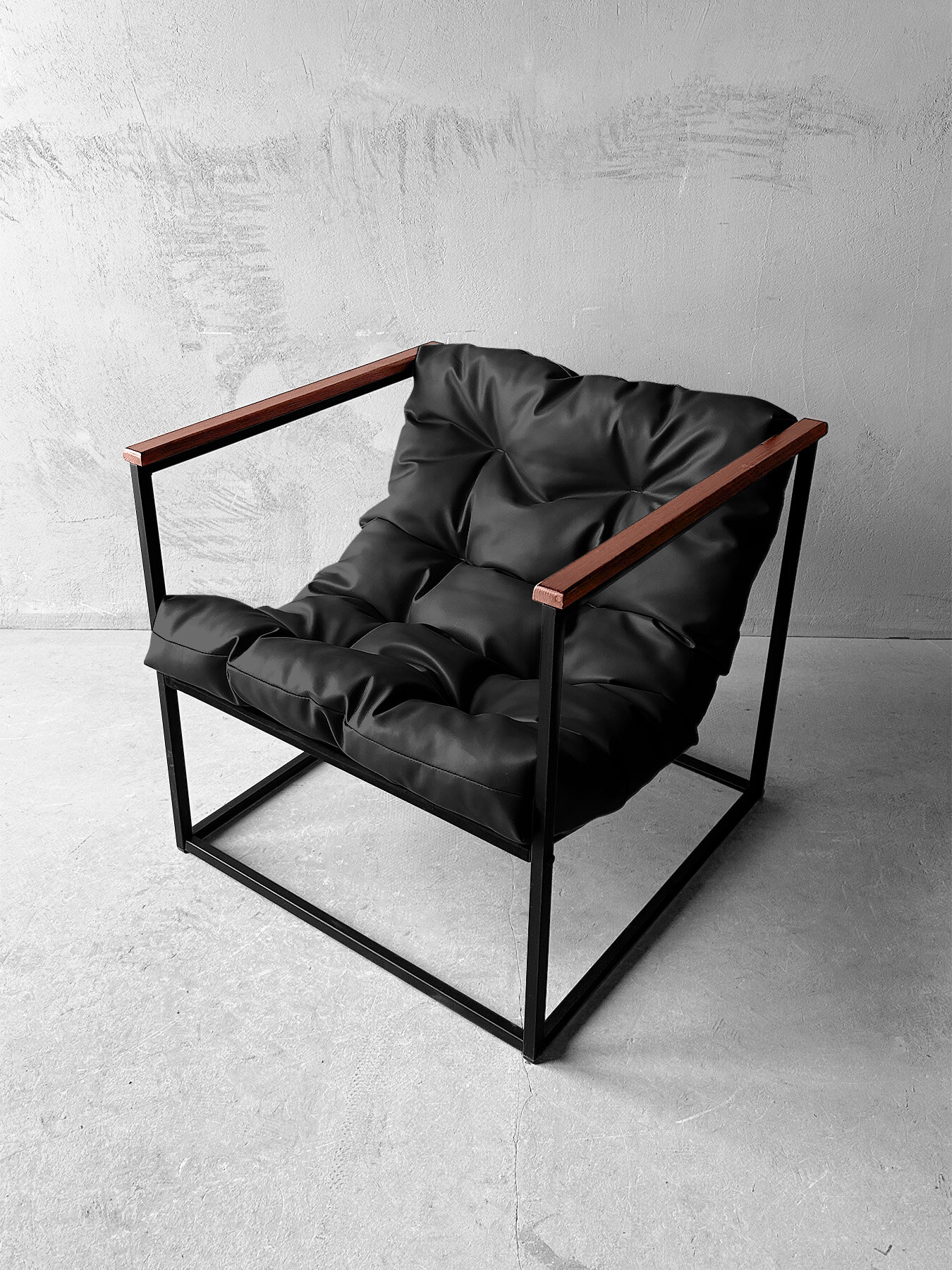 Кресло мягкое удобное для отдыха, уличное, на балкон, на веранду, в стиле лофт, минимализм, Лофтовик ++ экокожа, черный