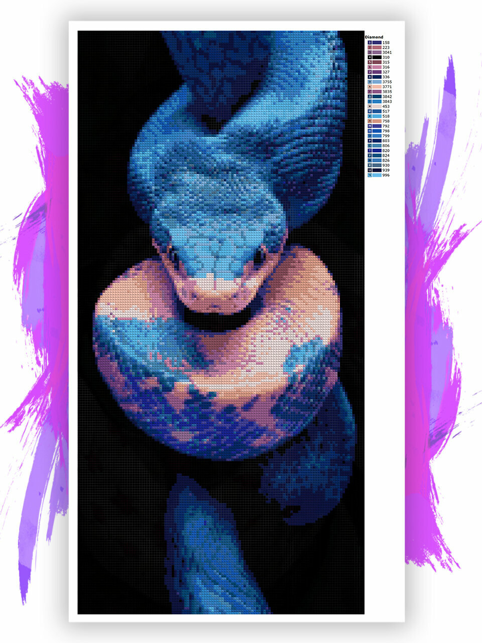 Алмазная мозаика без подрамника - вышивка Blue Snake 30 х 60 см