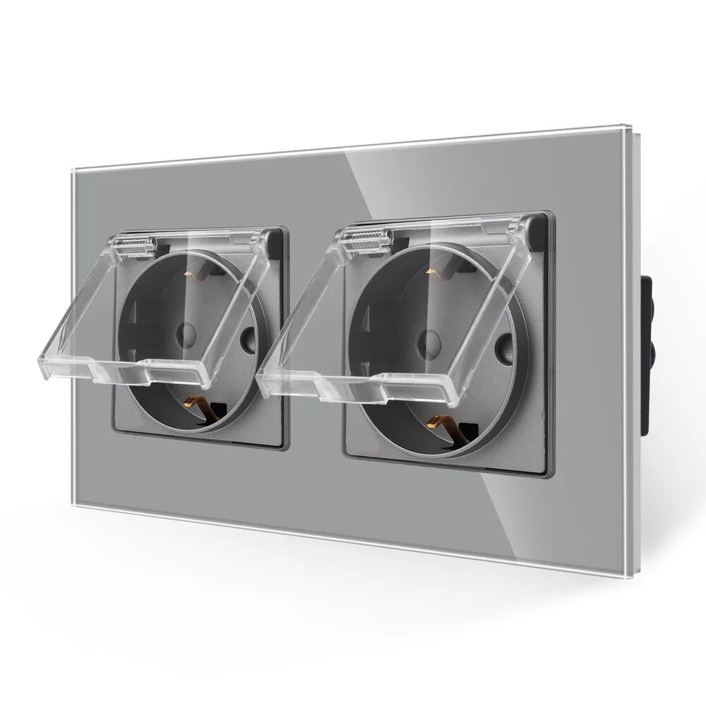 Розетка c водонепроницаемой крышкой 2 поста, Встраиваемая водонепроницаемая розетка на 16А стеклянна серый c землей