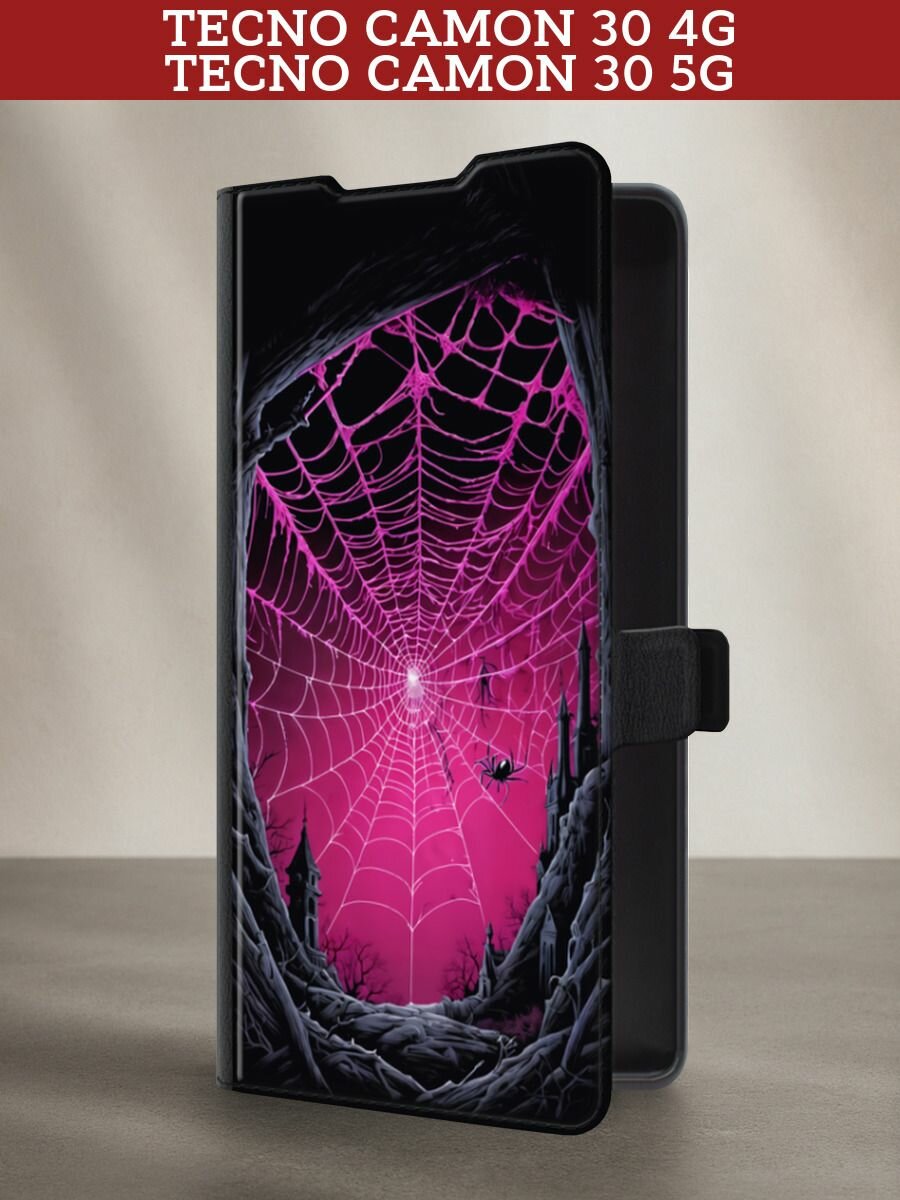 Чехол-книжка на Tecno Camon 30 4G/Tecno Camon 30 5G / Текно Камон 30 4G с принтом Паучья паутина в розовом, черный