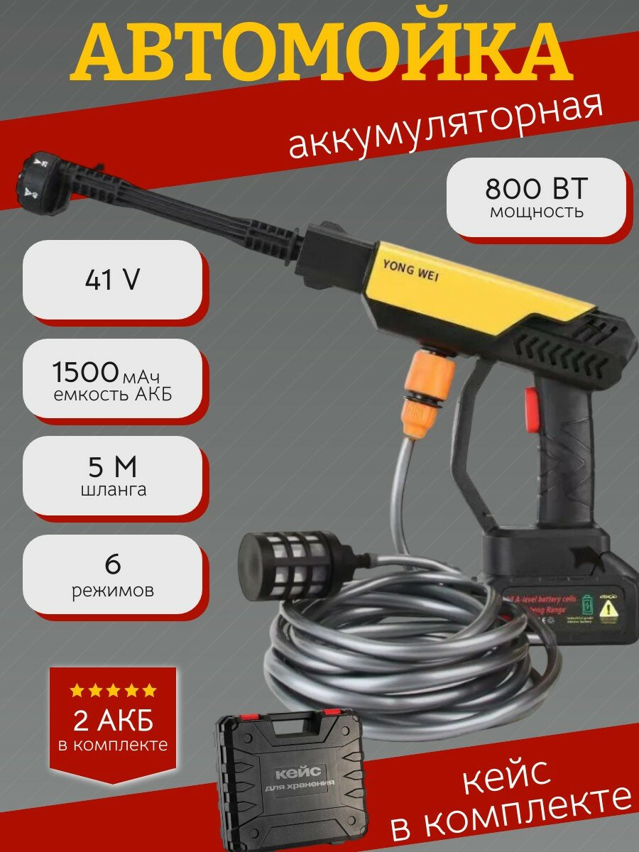 Автомойка аккумуляторная портативная высокого давления с двумя аккумуляторами
