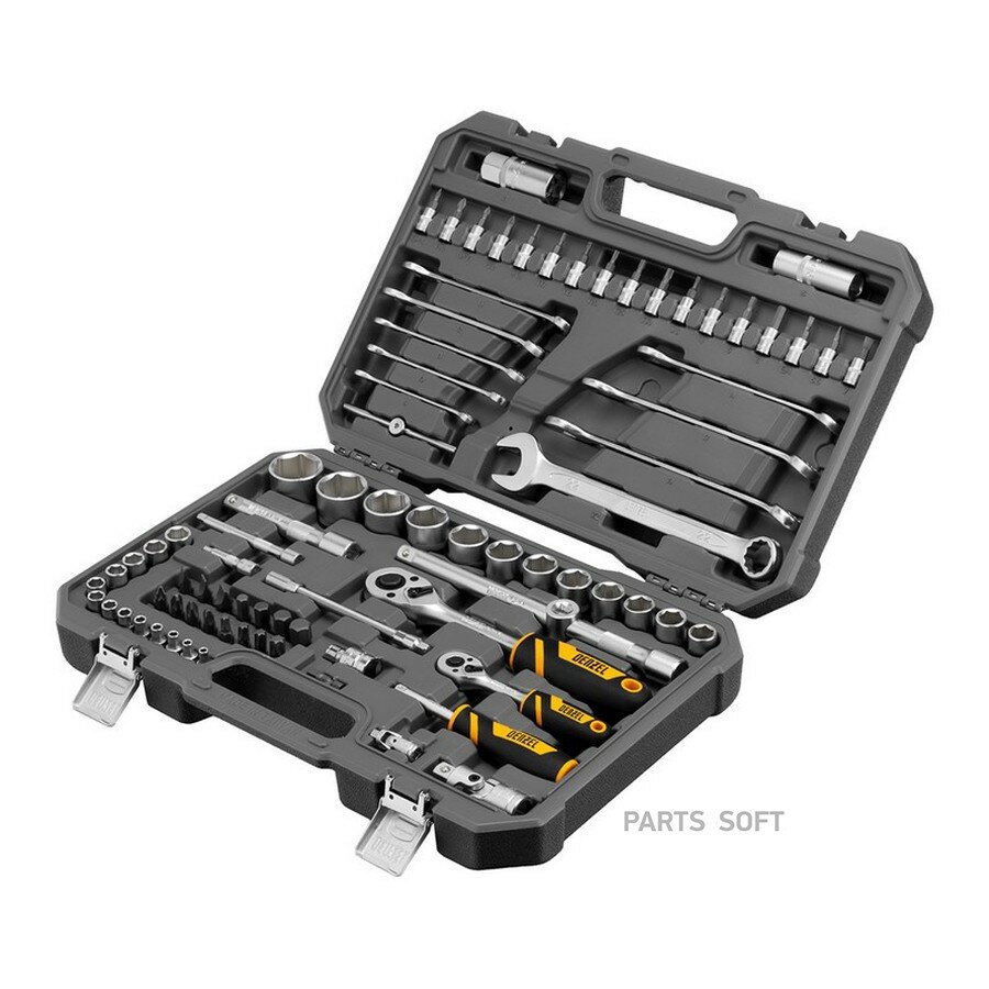 Набор инструментов, 1/2, 1/4, CrV, S2, пластиковый кейс, 82 предмета от официального дистрибьютора, DENZEL, артикул 15809