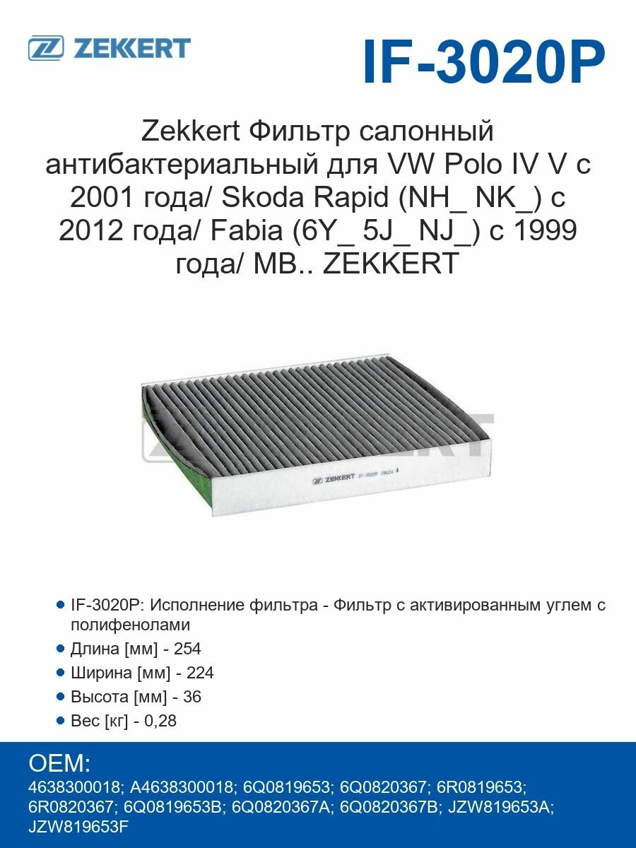 Zekkert Фильтр салонный антибактериальный для VW Polo IV V с 2001 года/ Skoda Rapid (NH_ NK_) с 2012 года/ Fabia (6Y_ 5J_ NJ_) с 1999 года/ MB. ZEKKERT