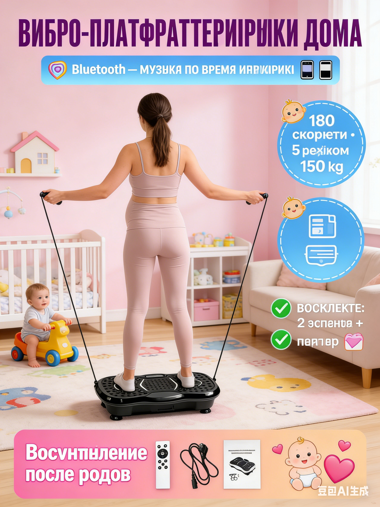 Виброплатформа для похудения, тренажёр для занятий дома, 99 скоростей, эспандеры 2 шт, черный с Bluetooth