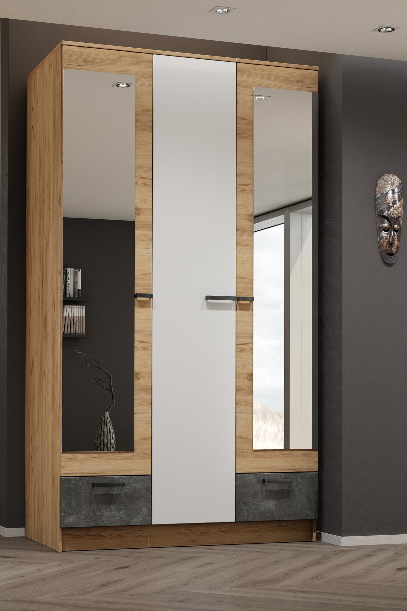 Шкаф 3х створчатый поки/штанга Эра Адель зеркалом и выдвижными ящиками (120х47х210см), Дуб вотан/Бетон/Белый