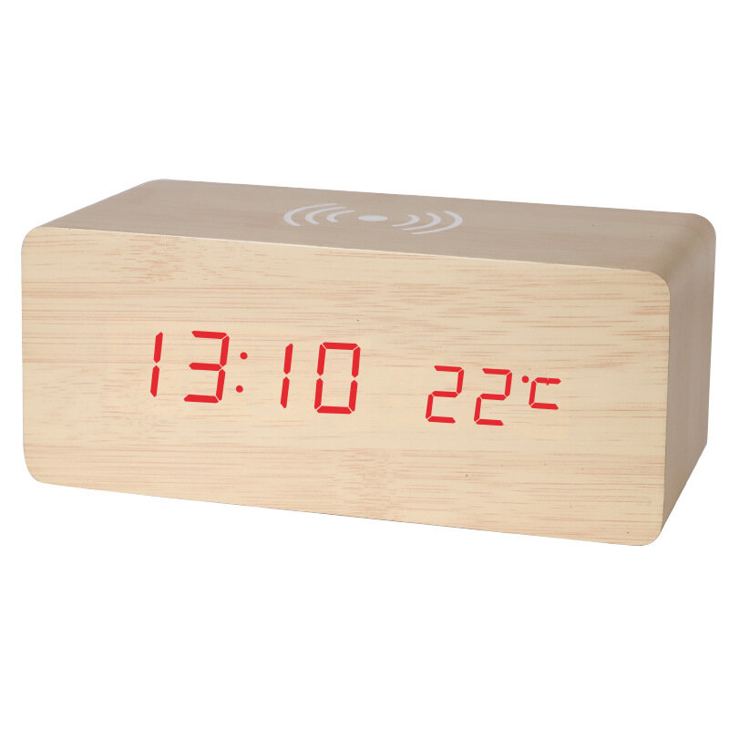 Горячая распродажаДеревянные будильники с LED-дисплеем, двойное отображение времени и температуры, деревянные часы с голосовым управлением, электронные часы с беспроводной зарядкой, прикроватные часы