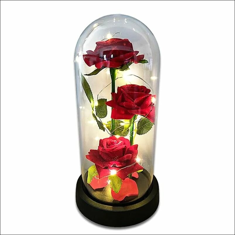 Роза в колбе с подсветкой Любовь вечная, Кристальный цветок для влюбленных , Три розы, ночник, светильник, подарок на свадьбу или годовщину свадьбы