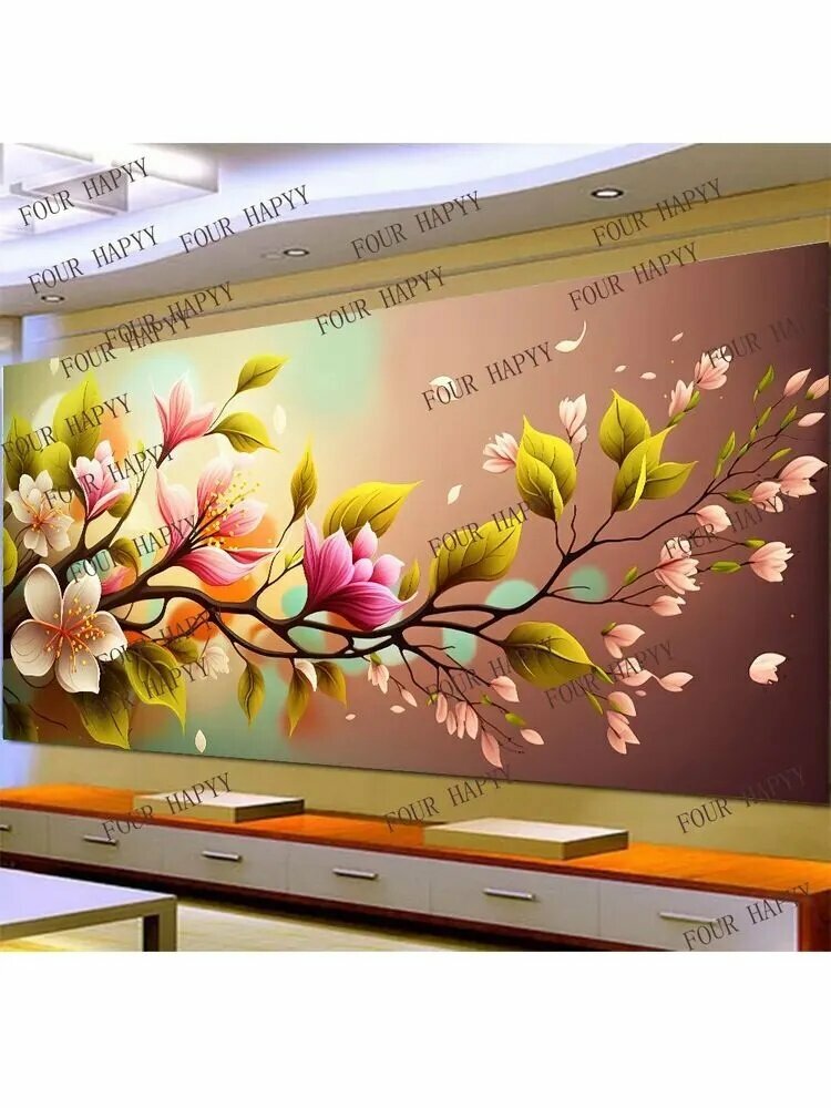 100x40cm/Алмазная мозаика "Море цветов" / Алмазная вышивка / Круглая картина стразами Полная выкладка 100х40 см размер картины(без подрамника, без рамки)