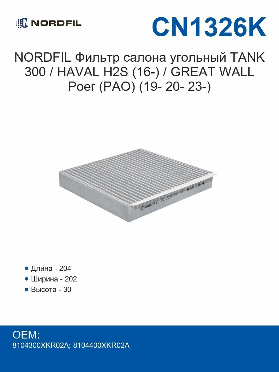 NORDFIL Фильтр салона угольный TANK 300 / HAVAL H2S (16-) / GREAT WALL Poer (PAO) (19- 20- 23-)