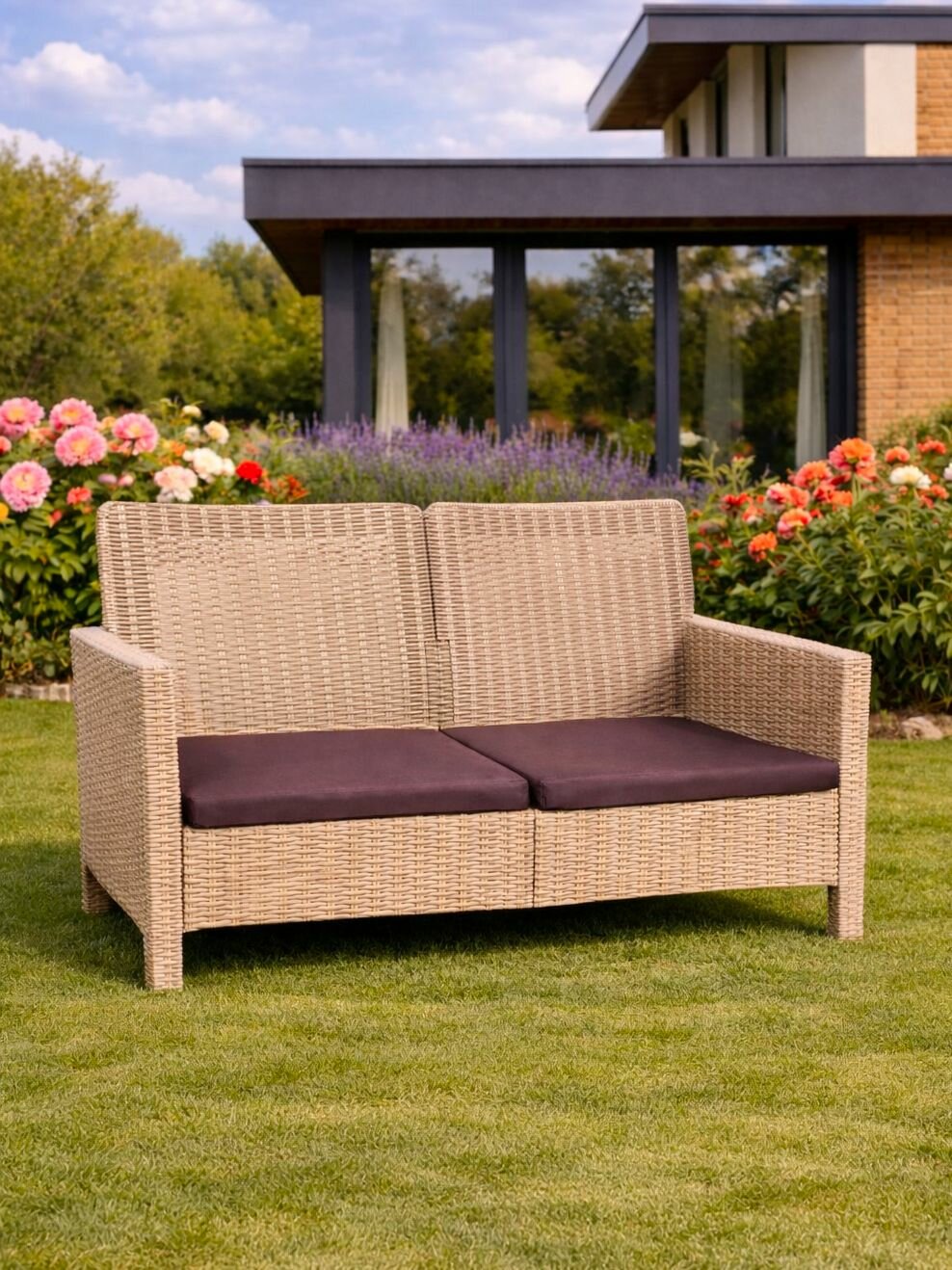 Диван двухместный садовый, под ротанг, с коричневыми подушками, капучино