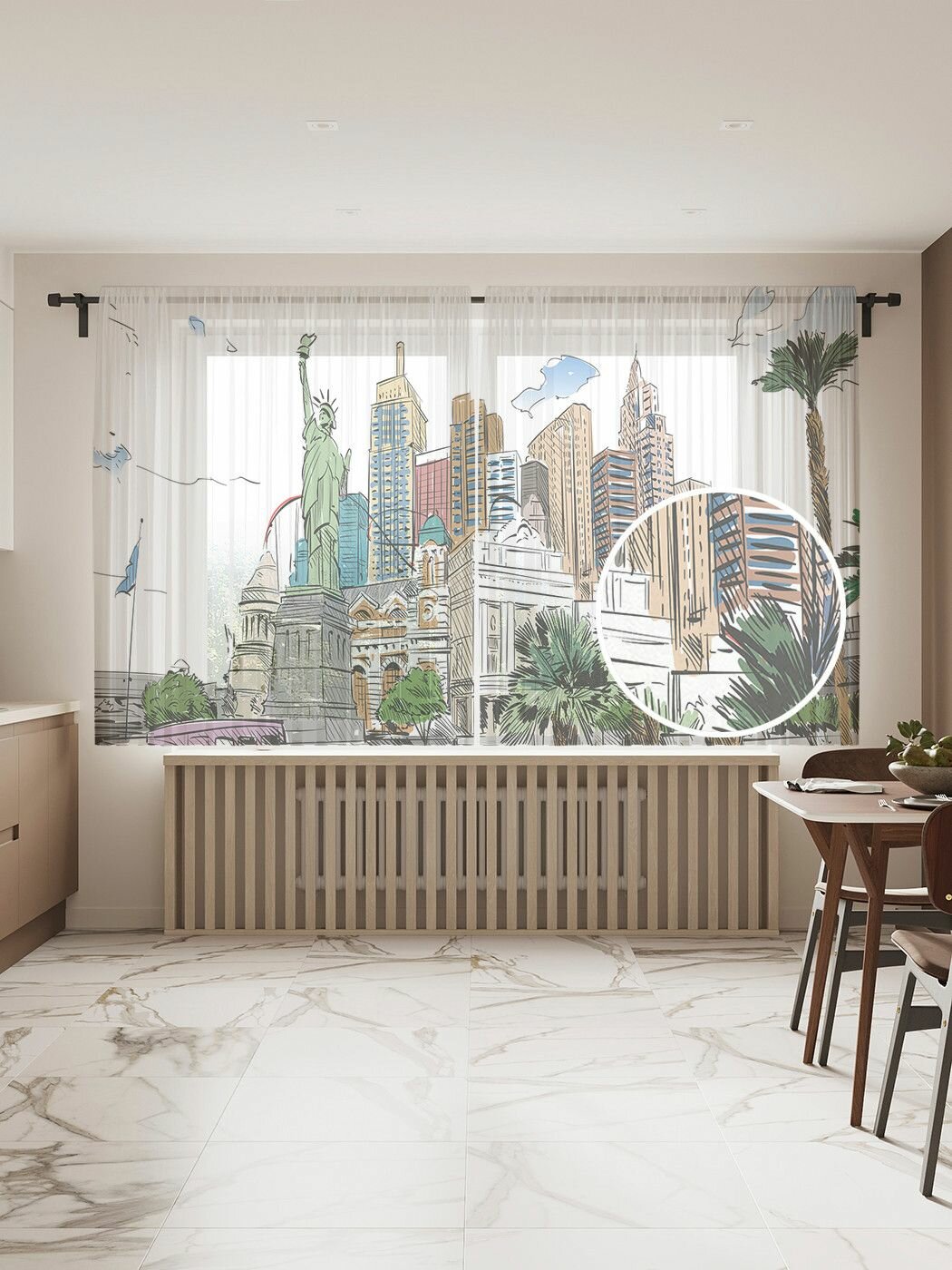 Тюль, фототюль короткий JoyArty "Мультяшный город Лас Вегас" высота 180 см, ширина 145 см (2 полотна) на шторной ленте, крючки в комплекте