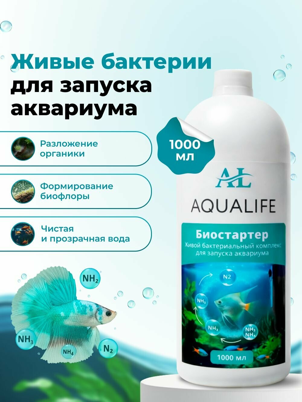 Живые бактерии для запуска аквариума Биостартер, 1000 мл.
