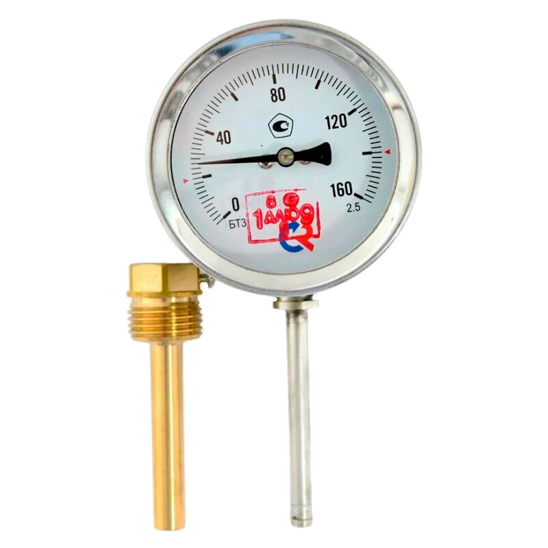 Термометр радиальный Росма БТ-32.211 (0-120°C) L=100мм G1/2 2.5 биметаллический коррозионностойкий 63мм, тип БТ-32.211, радиальное присоединение, шкала (0-120°C), погружной шток L=100мм, резьба G1/2, класс точности 2.5, с защитной гильзой из латуни