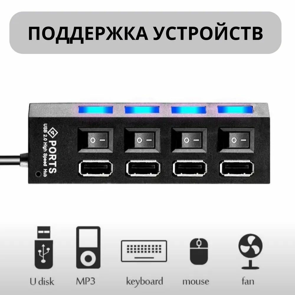 USB-ХАБ разветвитель / USB-hub 4 порта с выключателями / HUB USB для периферийных устройств / Концентратор юсб-хаб для ноутбука, чёрный