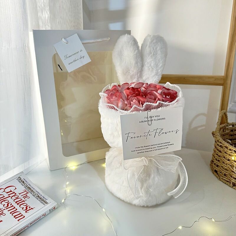 11 маленьких букетов с ушками кролика, стиль вечных цветов, милые плюшевые розы, ручные цветы, подарок на фестиваль Циси, рождественский опт