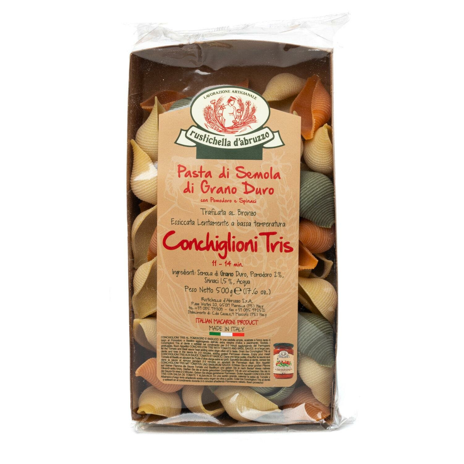 Макаронные изделия Rustichella d'Abruzzo Конкильони со шпинатом и томатами, 500 г