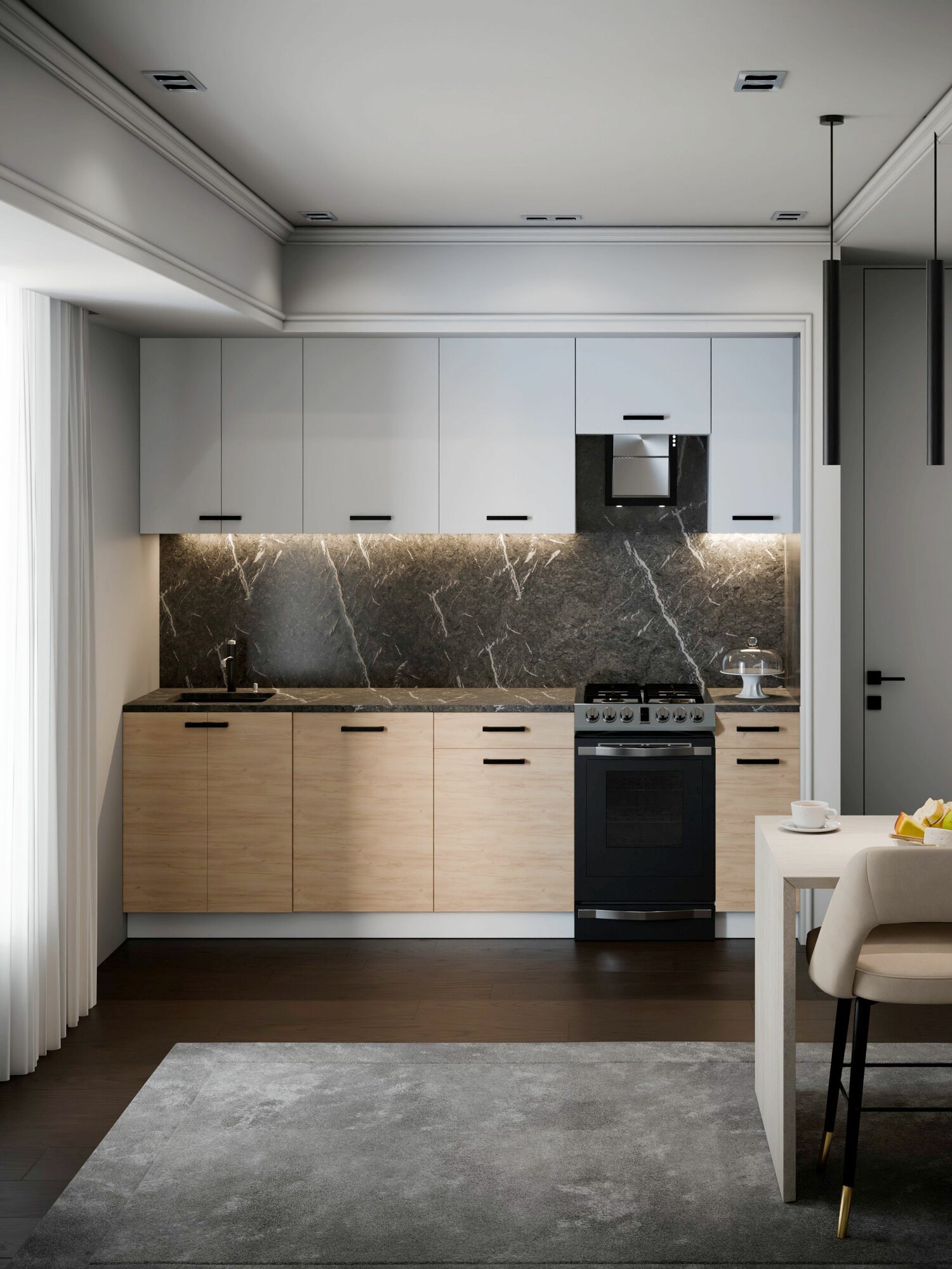 Кухня модульная прямая со столешницей Мария, 250 см, Белый гладкий/Дуб Вотан ЛДСП, 180 х 250 х 60 см, столешница 60 см.