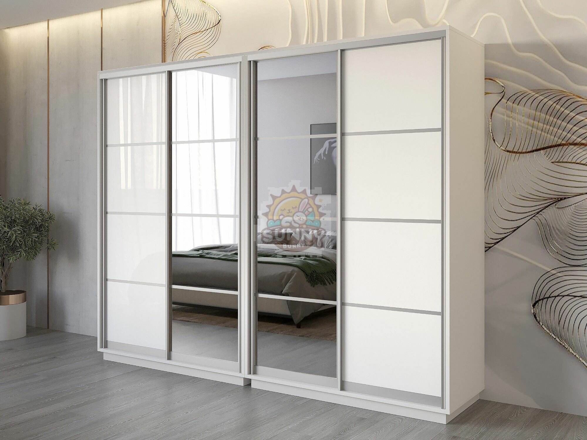 Шкаф-купе Флорида 4дв. (2+2) Стекло белое 2/Зеркало 2, профиль серебро, 280х60х220 см. Белый снег