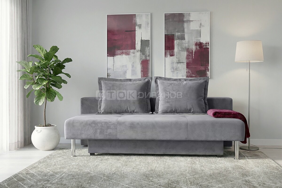 Диван Сток Диванов Микки, серый велюр, 200 см, механизм еврокнижка, с ящиком для хранения