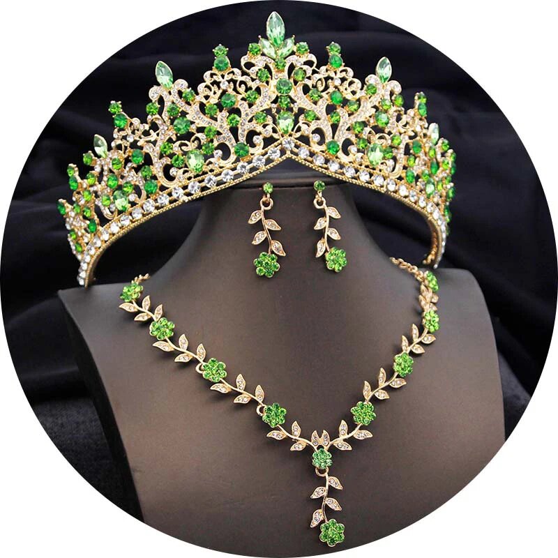 Cenmon короны и ожерелье из горного хрусталя Изумрудный, Gold Light Green Set