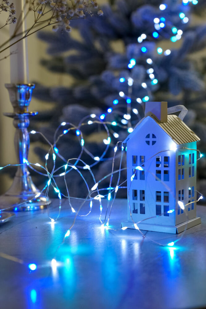 Светодиодная гирлянда роса 'разноцветный колорит', 120 зелёных/белых/голубых micro LED-огней, 6 м, контроллер, серебряная проволока, уличная, Kaemingk 496563