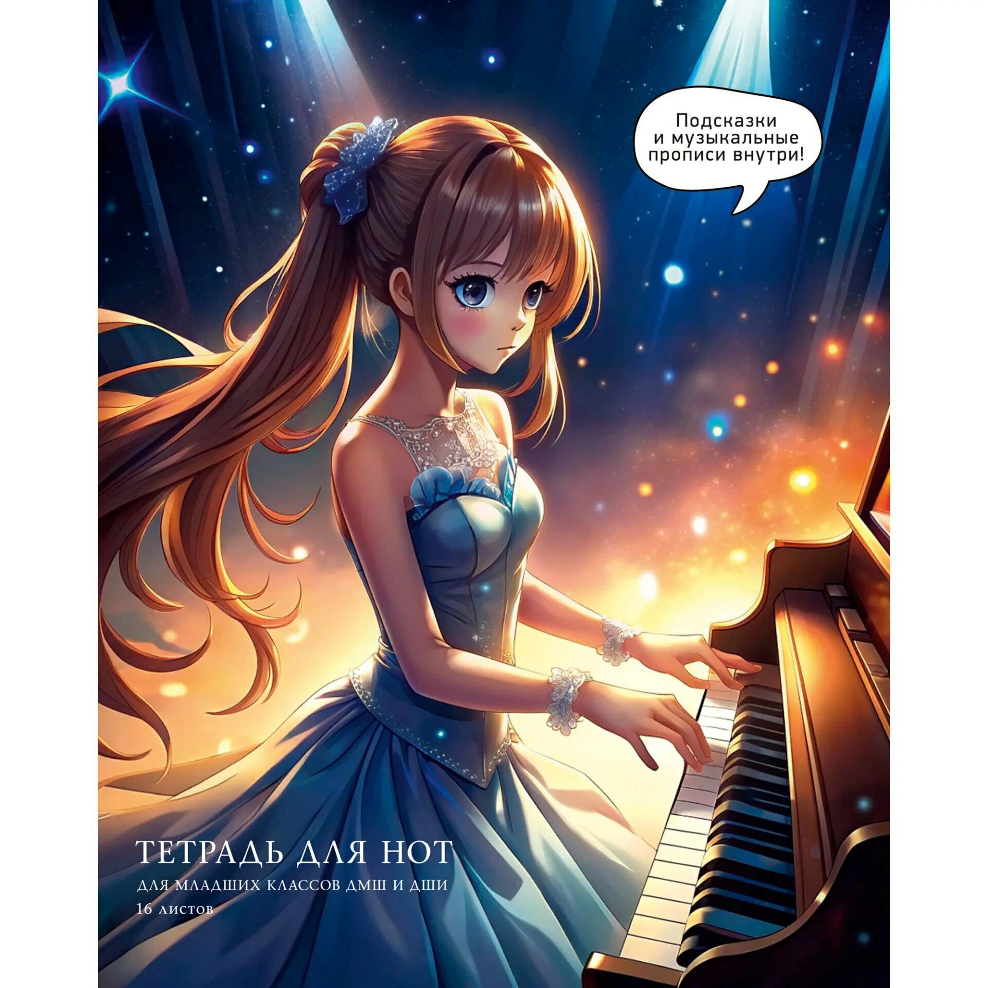 Тетрадь для нот А5 16л "Сказочная соната" скрепка, мел. картон 230г/м2, глянц. ламинация, широкий нот. стан, прописи, справ. инфо
