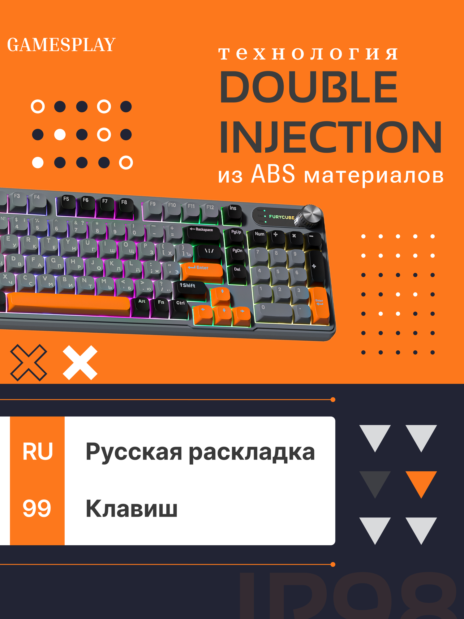 Игровая клавиатура с подсветкой , мембранная, серая, русская раскладка, RGB, 98 клавиш