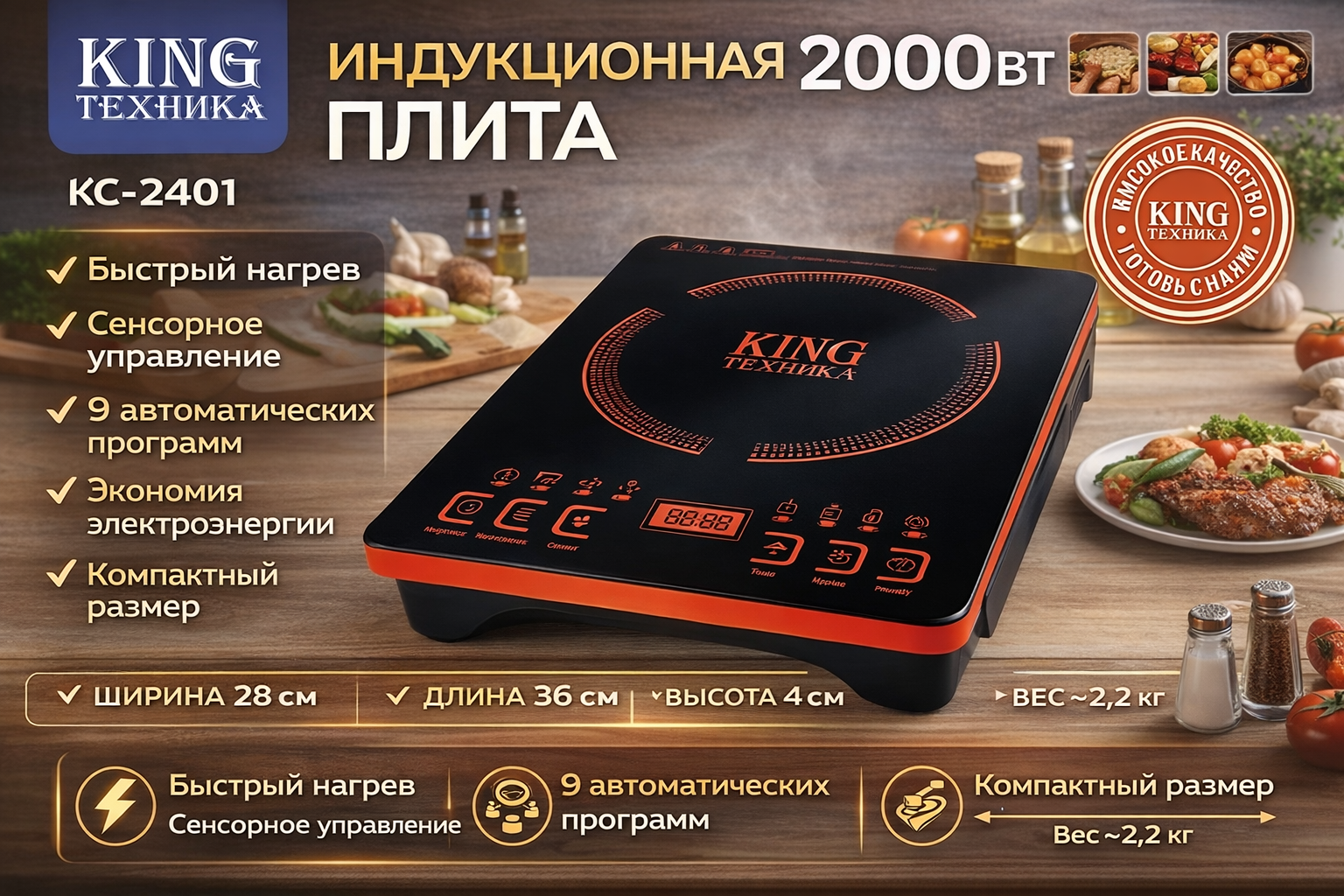 Индукционная плита King Техника KC-2401 настольная сенсорная 2000 Вт компактная