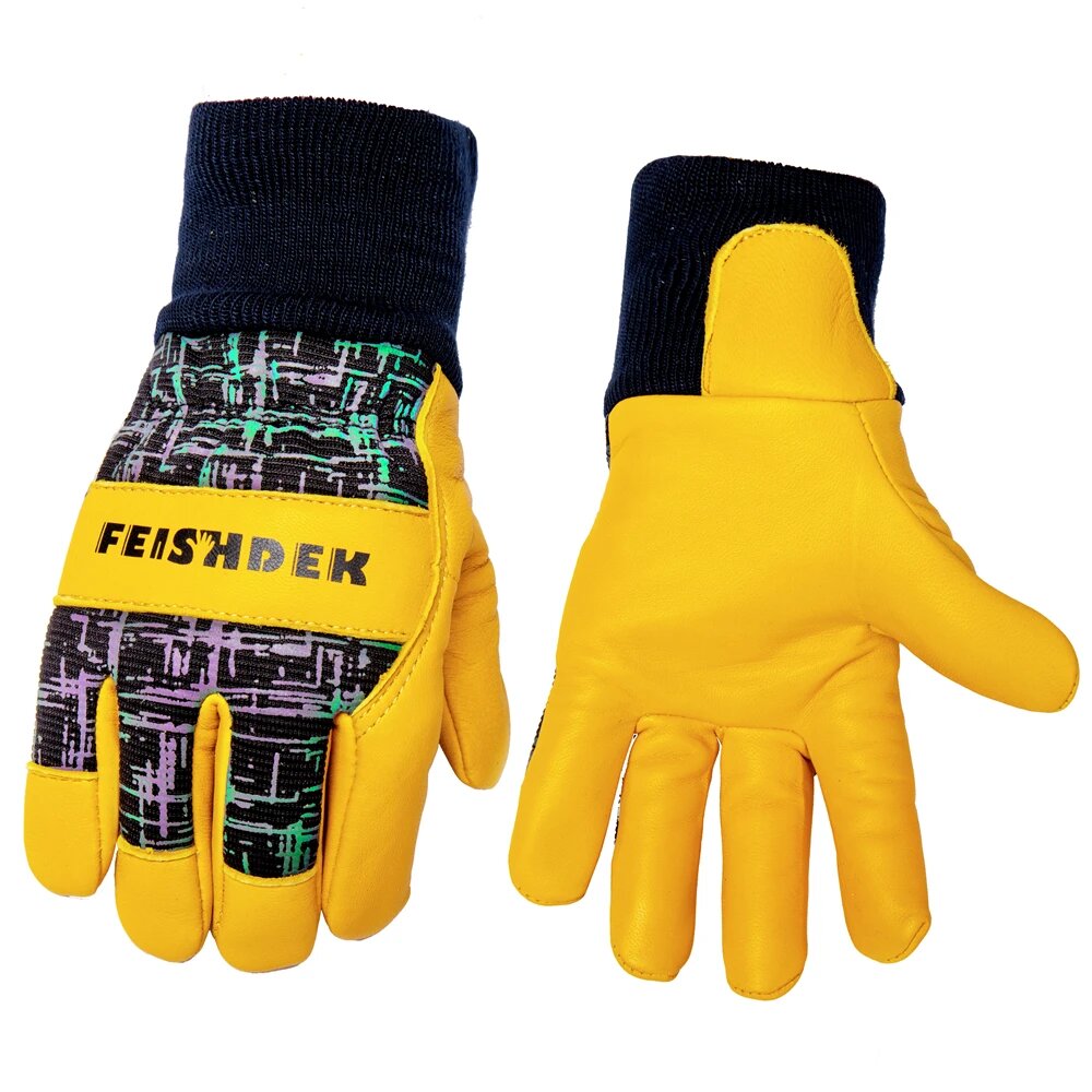 Детские рабочие перчатки из натуральной кожи FEISHDEK Kids Gloves-KG0003 жёлто-чёрные L age10 to 12