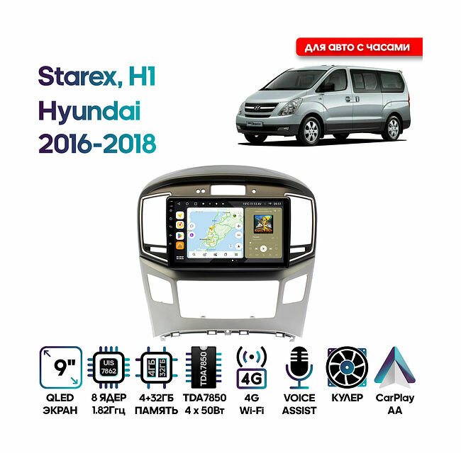Магнитола Hyundai Starex, H1 2016-2018 для авто с часами / 9 дюймов, 4/64GB, 8 ядер, DSP, 4G, Android 10 / Wide Media