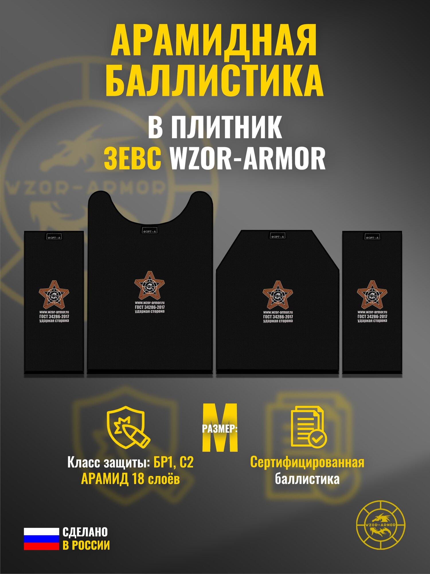 Комплект баллистики арамид для бронежилета "Зевс" WZoR-Armor (размер М) (грудь, спина, бока) (18 слоёв)