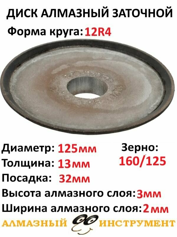 Круг алмазный 12R4 125х3х2х13х32 В2-01 АС4 160/125 12.0