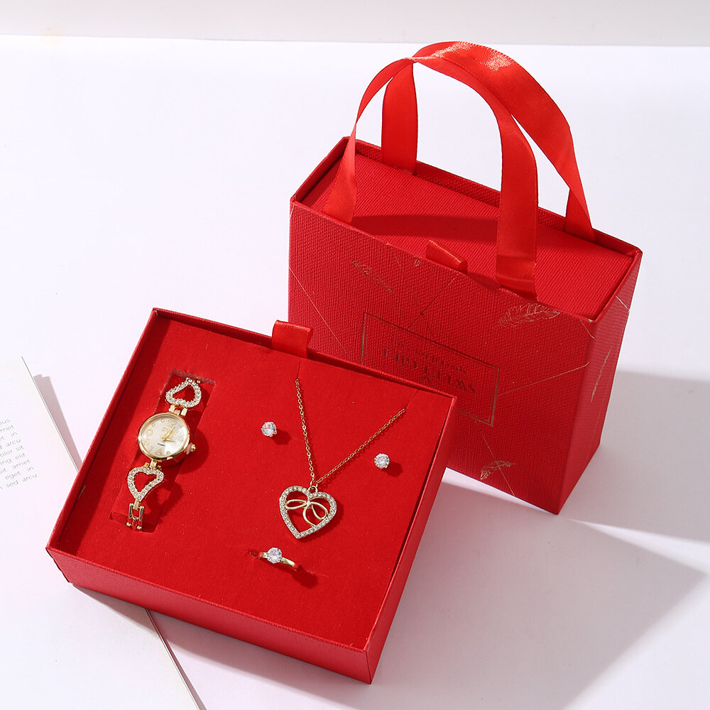Подарочный набор ко Дню матери и Женскому дню, ювелирный набор в форме сердца, золотое ожерелье, часы, кольцо в подарочной коробке, набор в стиле легкой роскоши.