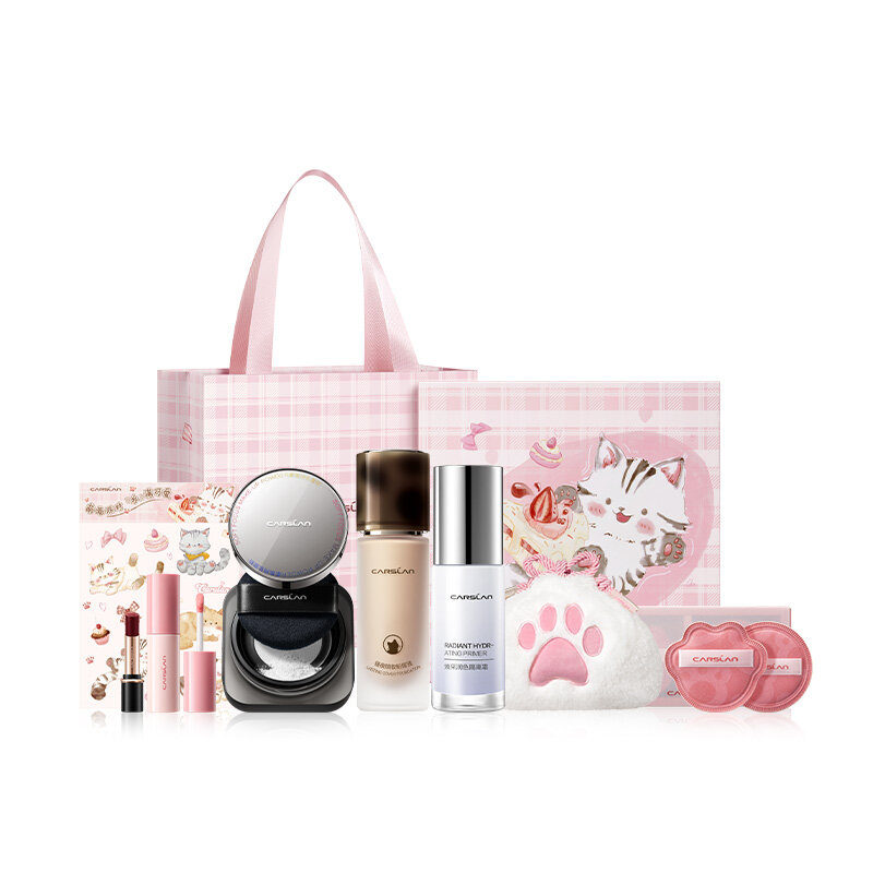 Набор макияжа женский Carslan Милый Котик Праздничный, Pink White | Little Night Owl P02+Mattifying Loose Powder+Primer Cream 02