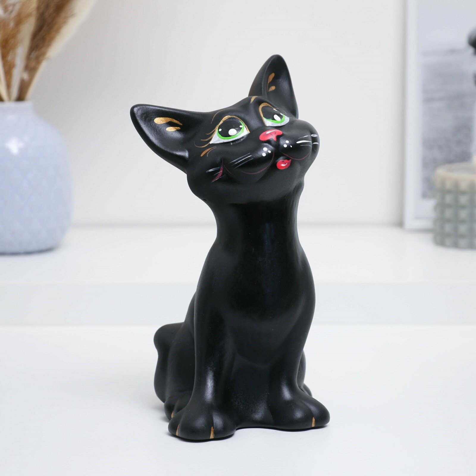 Копилка для денег "Кот Оскар", чёрный, керамика, 12x13x23 см