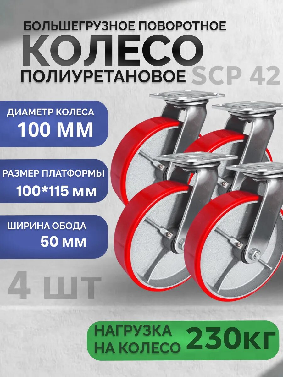 Колесо Longway SCp 42, металл, полиуретан, грузоподъемность 230 кг