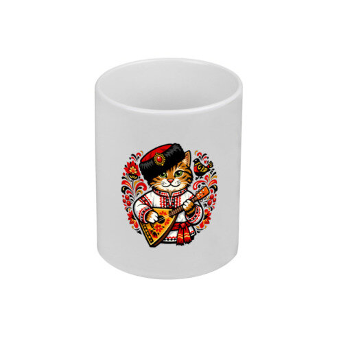 Кружка «Кот с балалайкой - узор хохлома. Русская роспись» (белый)