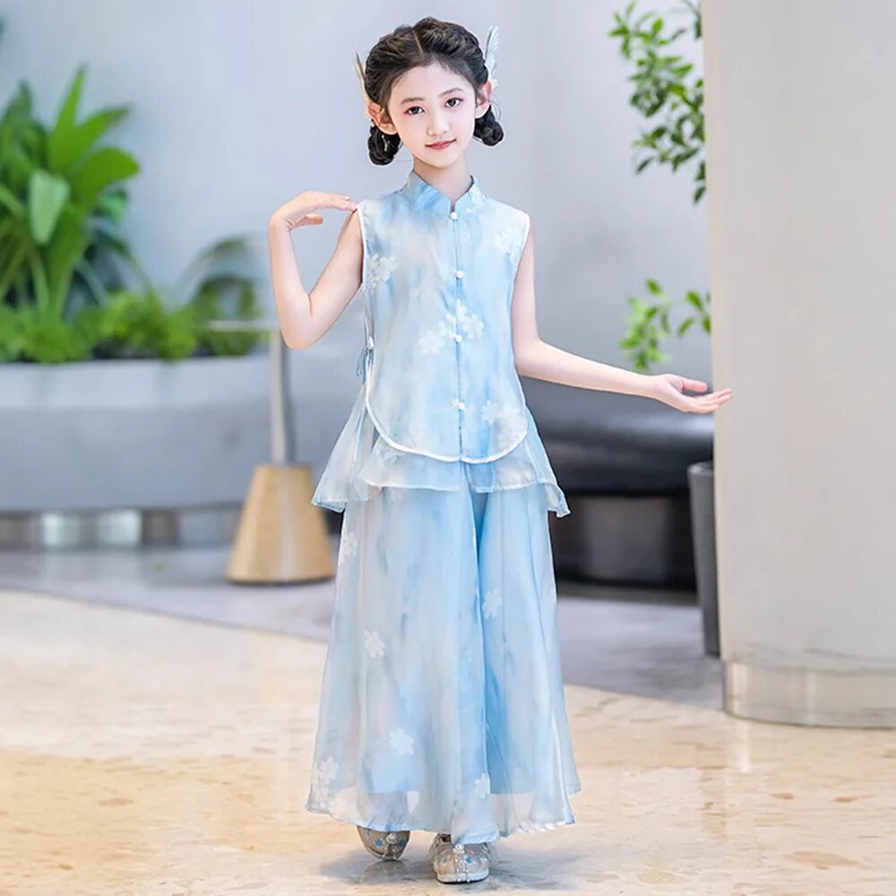 Детский летний костюм Тан Hanfu полиэстер/спандекс 150cm, Blue