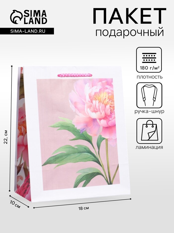 Пакет подарочный ламинированный «Букет пионов», розовый, 18×22.3×10 см