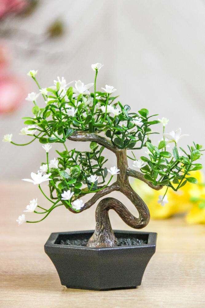 Искусственное растение в горшке цветущий бонсай мини одинарный, белый, 13 см, Summer Deco 5010108