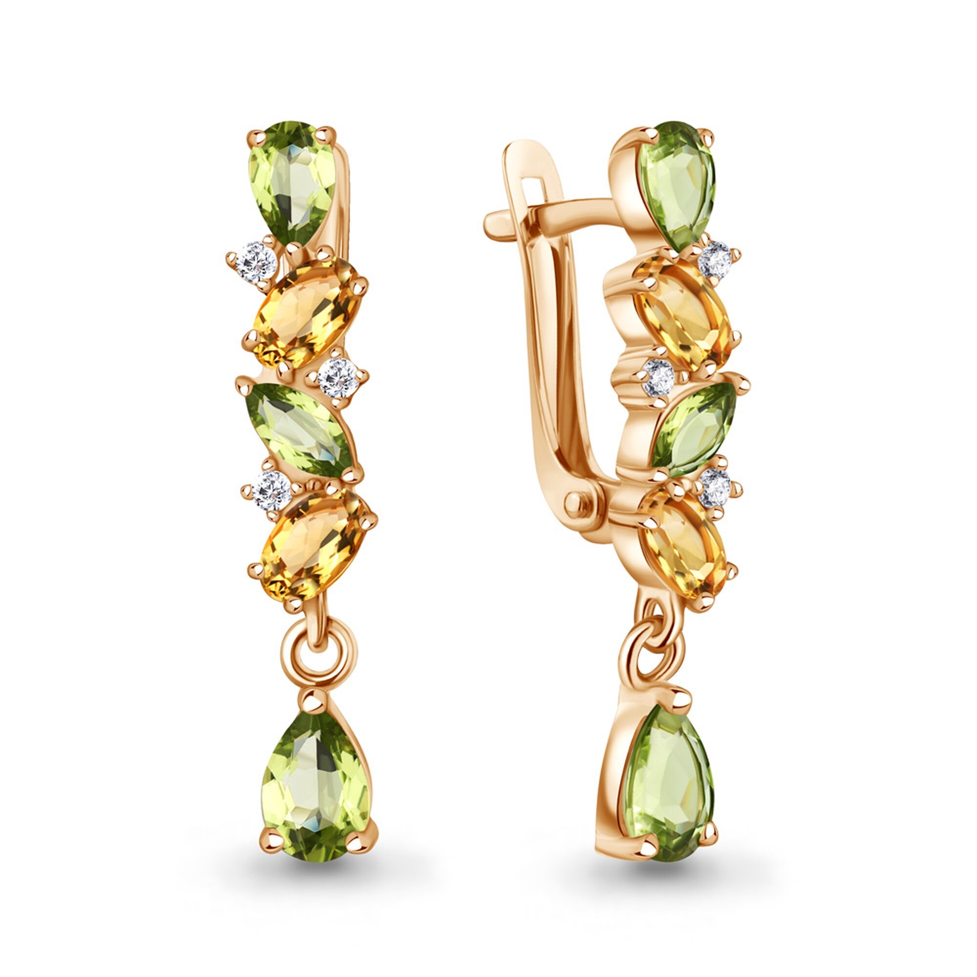 Серьги, серебро, 925 проба, золочение, фианит, хризолит, цитрин