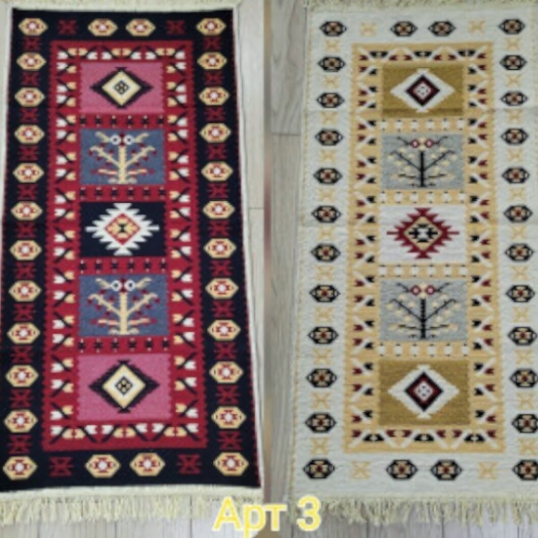 Коврик интерьерный 80х150 см, двухсторонний, с бахромой, хлопок и вискоза, разноцветный принт, модель "3"