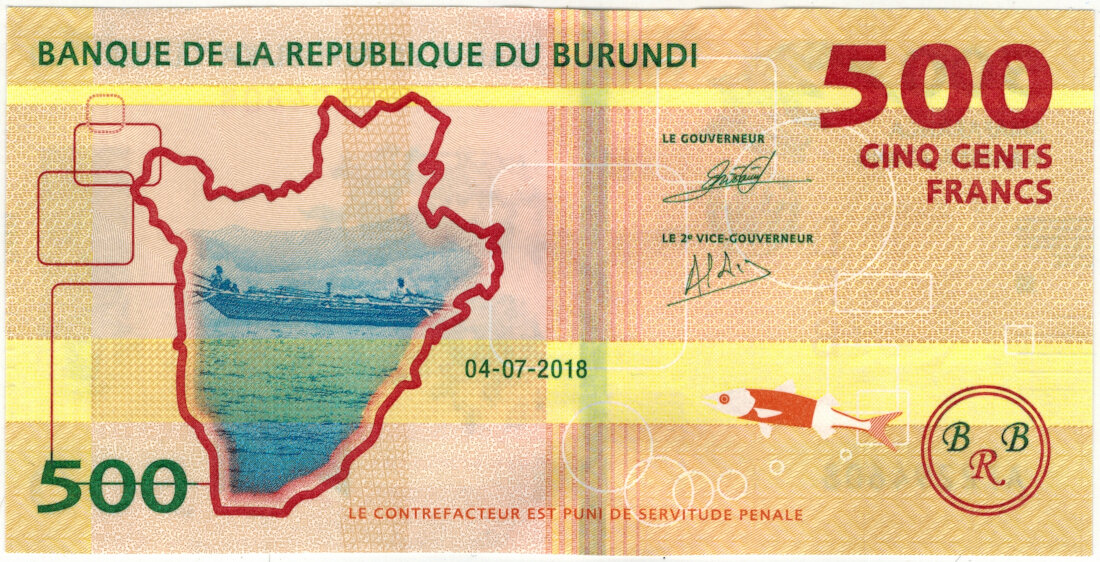 Купюра. Бурунди. 500 франков. 2018 год. AU. Без оборота.