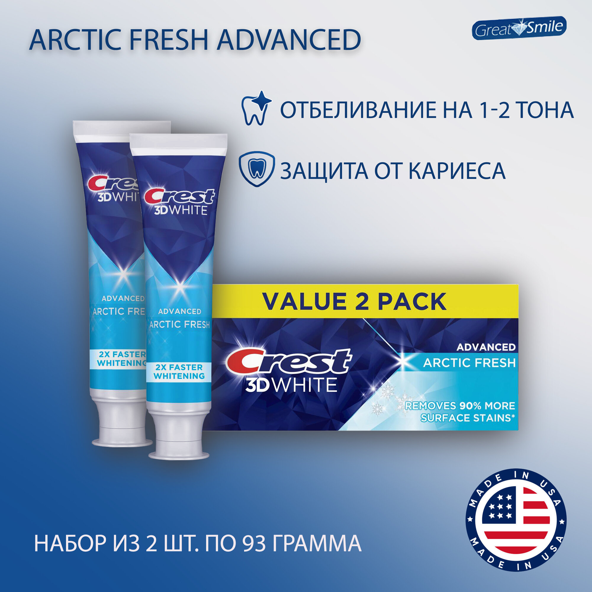 Crest 3d White Advanced Arctic Fresh Зубная паста для отбеливания зубов, удаляет до 90% пятен, 93г, 2 тюбика по 93г