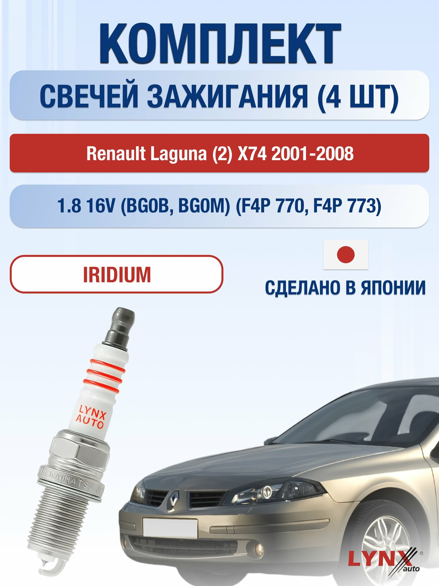 Свечи зажигания на Renault Laguna (2) X74 2001-2008г./ комплект 4 шт. Двигатель 1.8 16V (F4P 760) SP-223/ LYNXauto