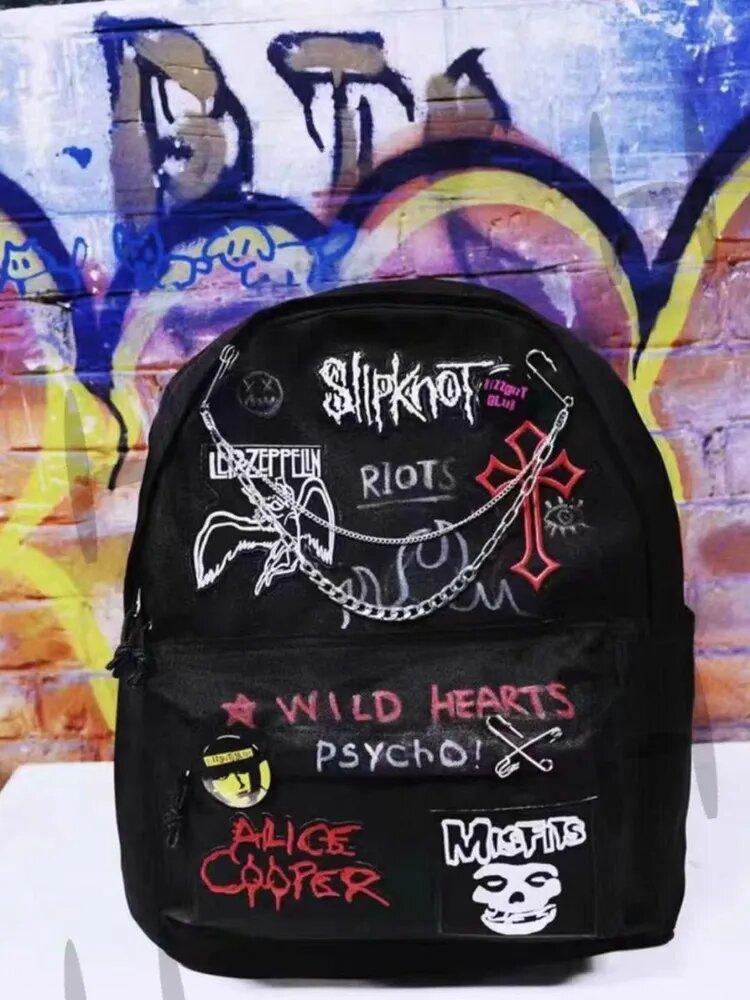 Рюкзак черный с принтами Alice Cooper, Slipknot, Misfits для школы, города — фото 1