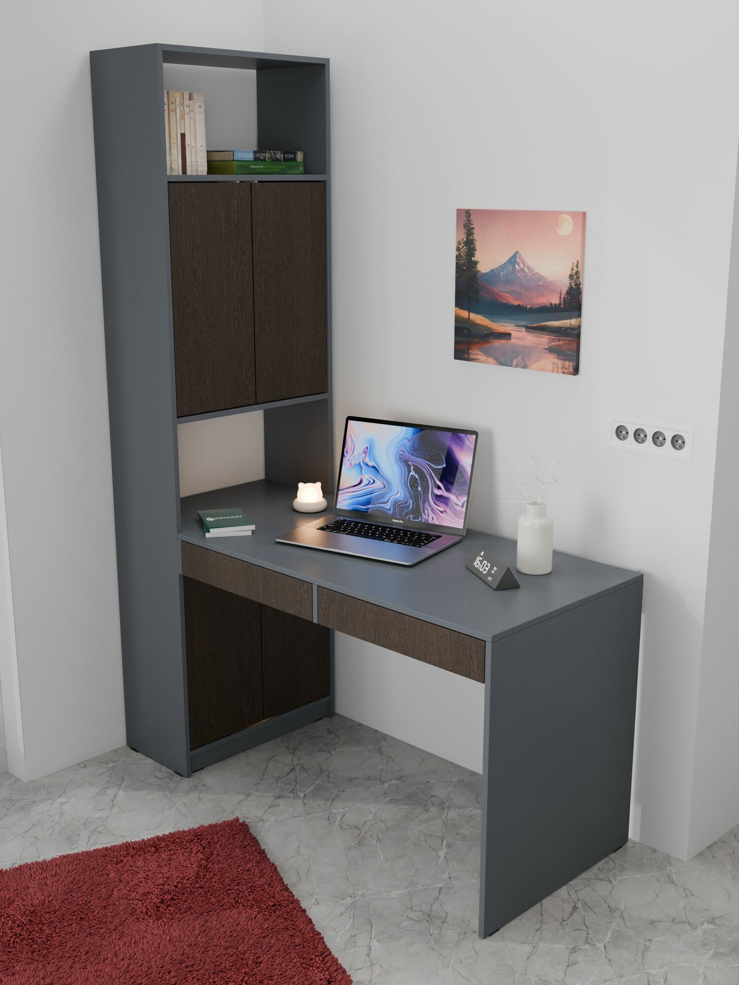 Изумлит Стол-стеллаж с дверьми письменный угловой, стеллаж слева 200х140х59.2 см, графит-венге