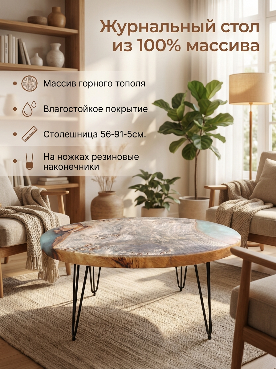 Журнальный столик 56-91-50см. Vamstol, стол лофт из массива горного тополя, стол из эпоксидной смолы