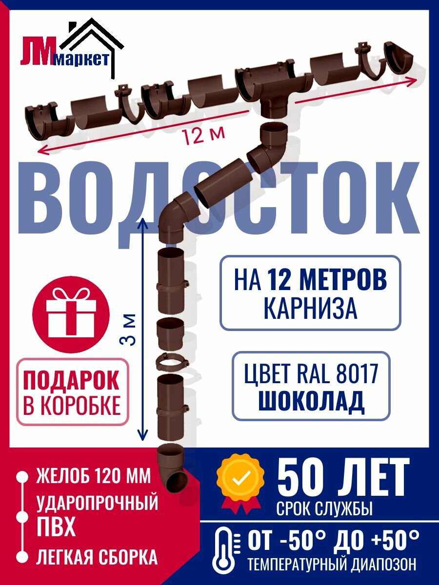 Водосток для крыши дома, 12м/3м, RAL 8017, цвет шоколад
